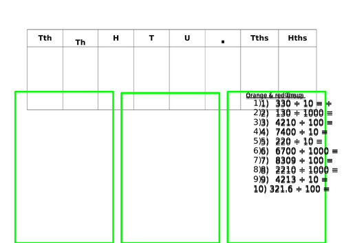 Divide numbers by 10, 100 and 1,000 giving answers up to 3 decimal ...