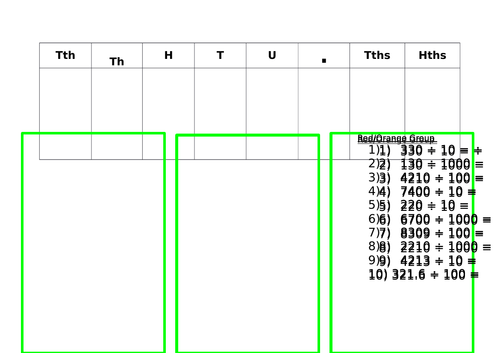Divide numbers by 10, 100 and 1,000 giving answers up to 3 decimal ...