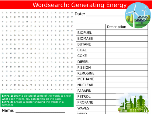Generating Energy Wordsearch Sheet Keywords KS3 Settler Starter Cover ...