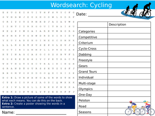 Cycling Wordsearch Sheet Keywords KS3 Settler Starter Cover Lesson PE ...