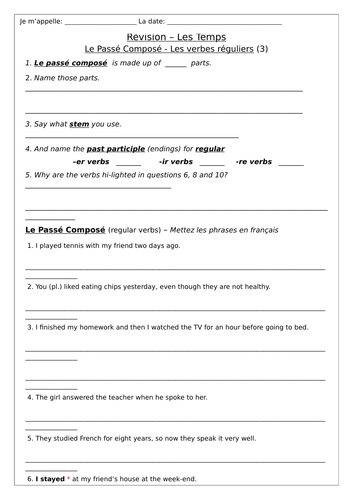 GCSE FRENCH TENSES - REVISION - WORKSHEETS | Teaching Resources