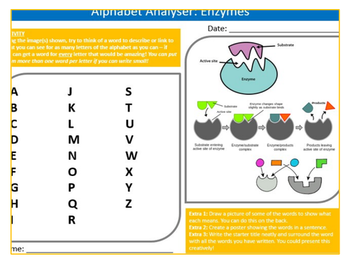 Enzymes Alphabet Analyser Sheet Keywords KS3 Settler Starter Cover ...