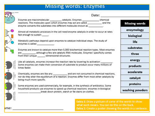 Enzymes Missing Words Cloze Sheet Keywords KS3 Settler Starter Cover ...