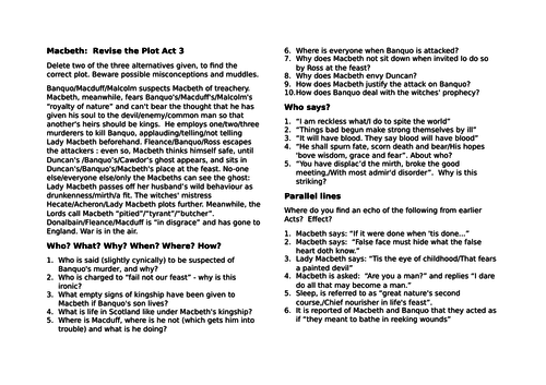 AQA Macbeth Revision Activity: Plot Summary & Questions on Act 3 ...