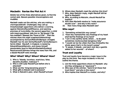 AQA Macbeth Revision Activity: Plot Summary & Questions on Act 4 ...