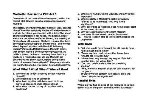 AQA Macbeth Revision Activity: Plot Summary & Questions on Act 5 ...