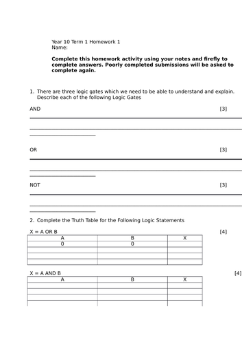 GCSE Computer Science Homework/Class Activity [LOGIC GATES] | Teaching ...
