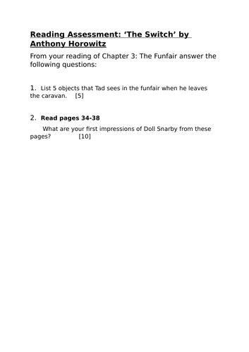 "The Switch" by Anthony Horowtiz - Reading Assessment | Teaching Resources