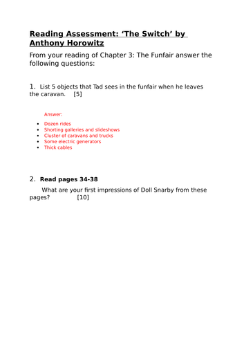 "The Switch" by Anthony Horowtiz - Reading Assessment | Teaching Resources