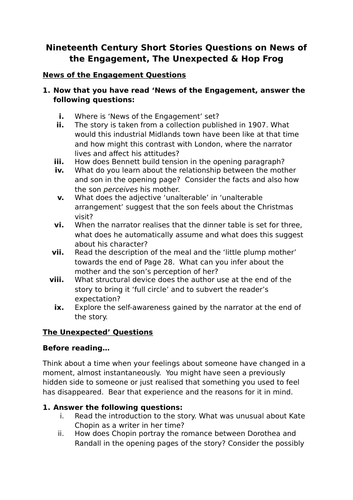 19th Century Short Stories Questions | Teaching Resources