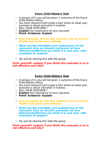 GCSE HEALTH AND SOCIAL CARE- EVERY CHILD MATTERS | Teaching Resources