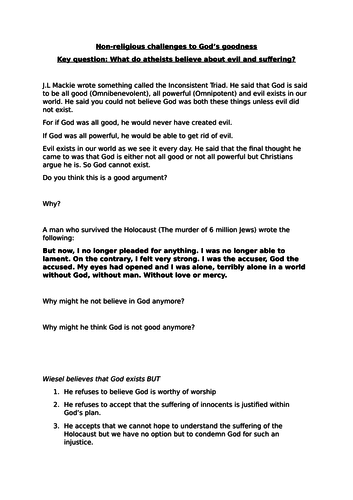 Atheist responses to suffering worksheet | Teaching Resources