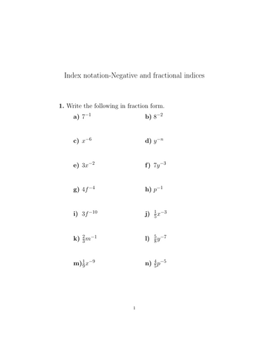 Index notation-Negative and fractional indices worksheet (with ...