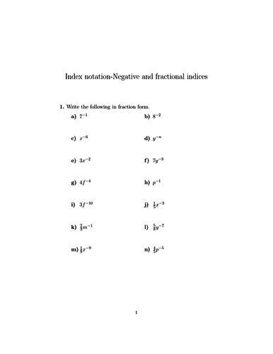Index notation-Negative and fractional indices worksheet (with ...
