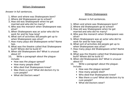 William Shakespeare and Elizabethan era activities | Teaching Resources