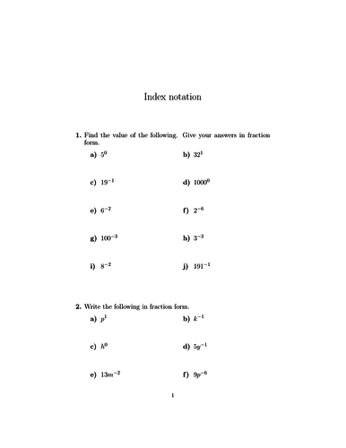 Index notation worksheet (with solutions) | Teaching Resources Index notation worksheet (with solutions) | Teaching Resources