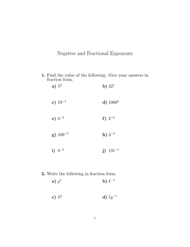 Negative and Fractional Exponents Worksheet (with solutions) | Teaching ...