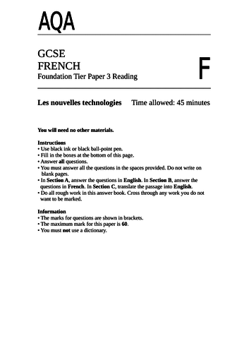 AQA GCSE French (new spec) Foundation Tier Reading - Les nouvelles ...