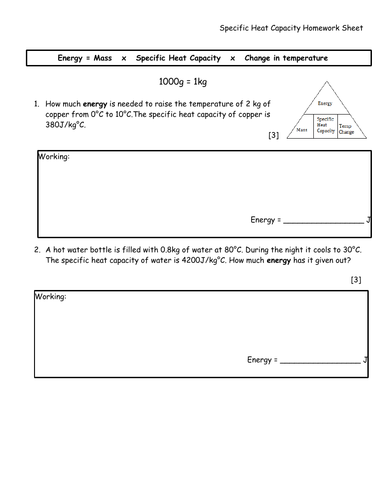 Specific Heat Capacity Question Sheet | Teaching Resources