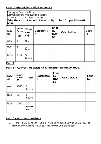 Cost of electricity worksheet with answers (scaffolded) | Teaching ...