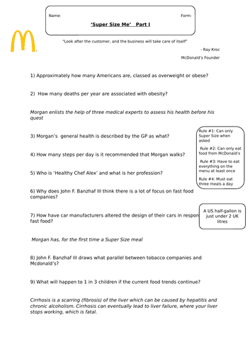 Healthy Eating - 'Super Size Me' (2004) | Teaching Resources