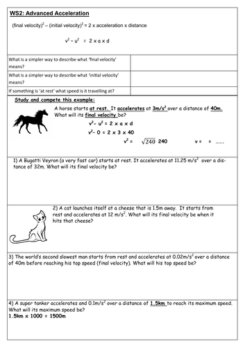 New GCSE (9-1) v2-u2=2a x d Complete lesson with worksheets and answers (v2 = u2 + 2as ...