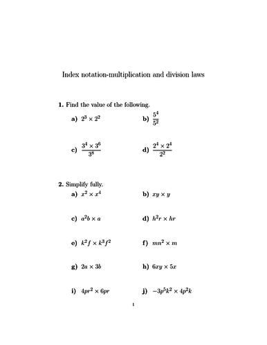 Index notation-multiplication and division laws worksheet (with ...