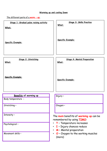 New AQA GCSE PE- Warm up/ Cool Down Worksheet to support practical ...