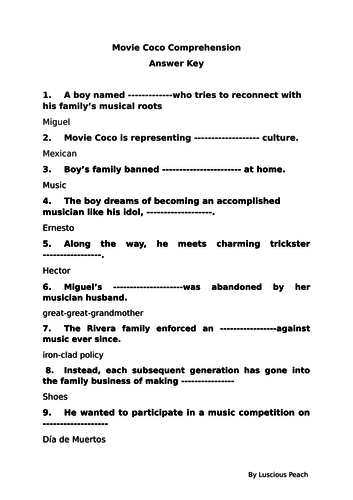 Movie Coco Quizzes Comprehension Worksheets with keys | Teaching Resources