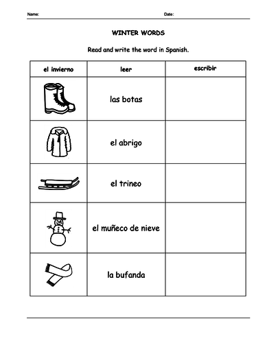 SPANISH WINTER VOCABULARY WORD PACKET | Teaching Resources