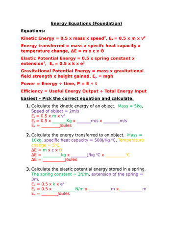 AQA Physics Unit 1 Energy Revision Calculations Questions | Teaching ...