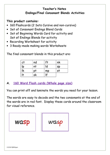 Final Consonant Blends Cluster Activities Flash cards Worksheets Game ...