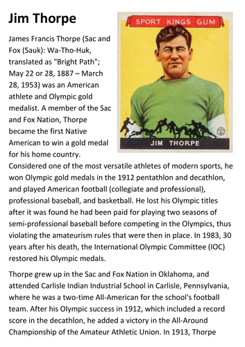 Jim Thorpe Handout | Teaching Resources