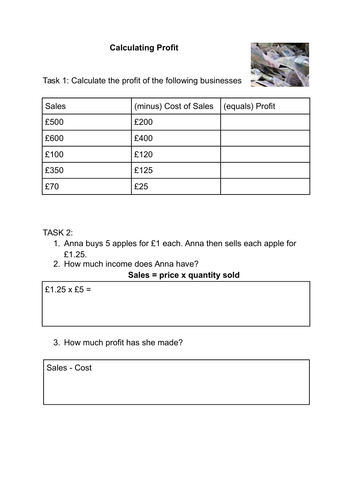 Calculating Profit worksheet | Teaching Resources