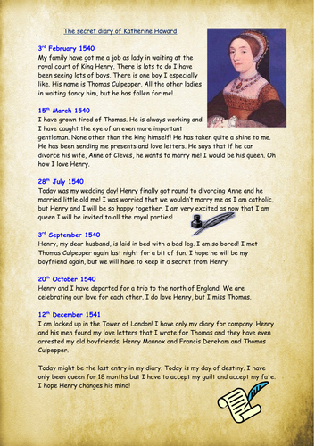 Tudor Diary: The Secret Diary of Katherine Howard Comprehension ...