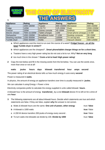 KS3 SCIENCE THE COST OF ELECTRICITY - ENERGY AND KILOWATT HOURS ...