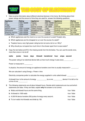 KS3 SCIENCE THE COST OF ELECTRICITY - ENERGY AND KILOWATT HOURS ...