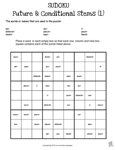 French future and conditional irregular stems sudoku games | Teaching ...