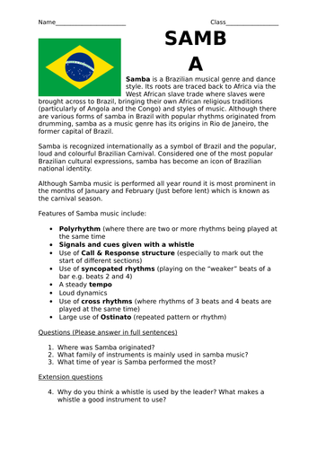 Introduction to Samba worksheet plus whole class listening | Teaching ...
