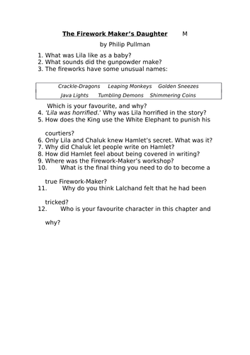 Firework Maker's Daughter Philip Pullman comprehension Ch.1 differentiated 3 ways | Teaching ...