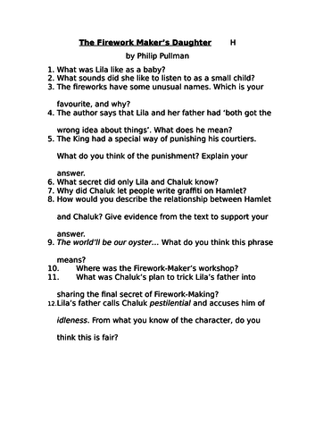 Firework Maker's Daughter Philip Pullman comprehension Ch.1 differentiated 3 ways | Teaching ...