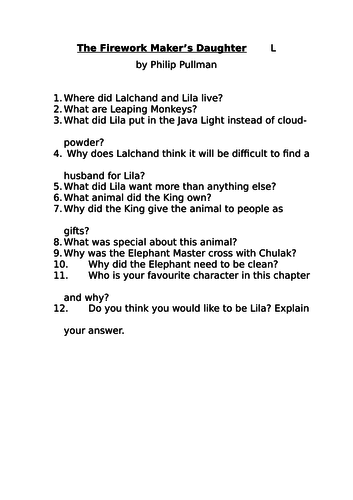 Firework Maker's Daughter Philip Pullman comprehension Ch.1 differentiated 3 ways | Teaching ...