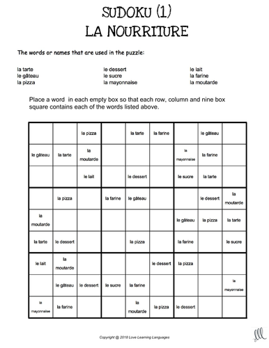 La nourriture - 20 no prep printable French sudoku games | Teaching ...