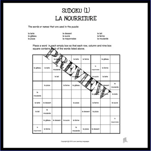 La nourriture - 20 no prep printable French sudoku games | Teaching ...