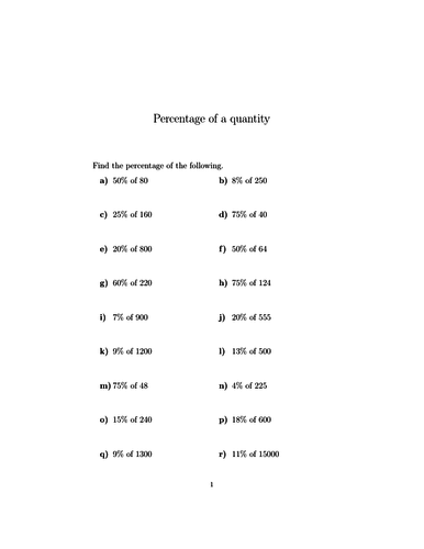 Percentage of a quantity worksheet (with solutions) | Teaching Resources