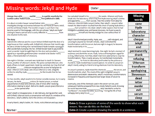 Jekyll and Hyde Missing Words Cloze Keywords KS4 Settler Starter Cover ...