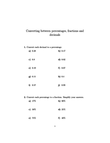 Converting between percentages, fractions and decimals worksheet (with ...
