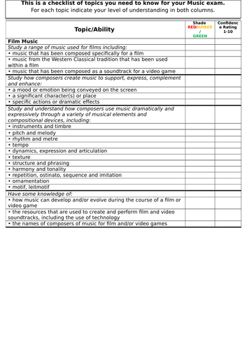 PLC - OCR GCSE Music - Film Music (Personal Learning Checklist) [Incl ...