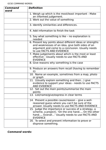 AQA Geography command word definition and example match up worksheet ...