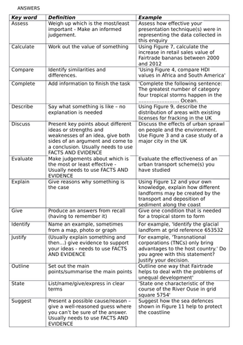 AQA Geography command word definition and example match up worksheet ...